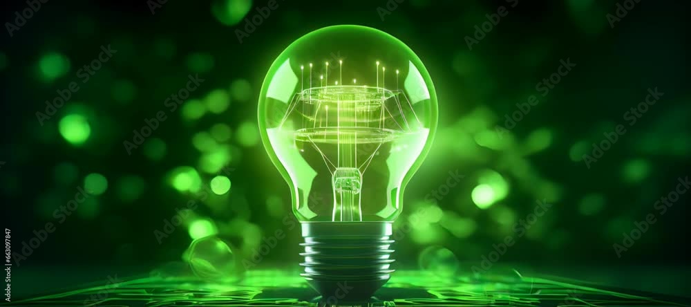 Green light bulb with illumination and a digital circuit visualization ...
