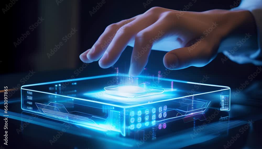 A human hand operates a holographic interface on a futuristic device ...