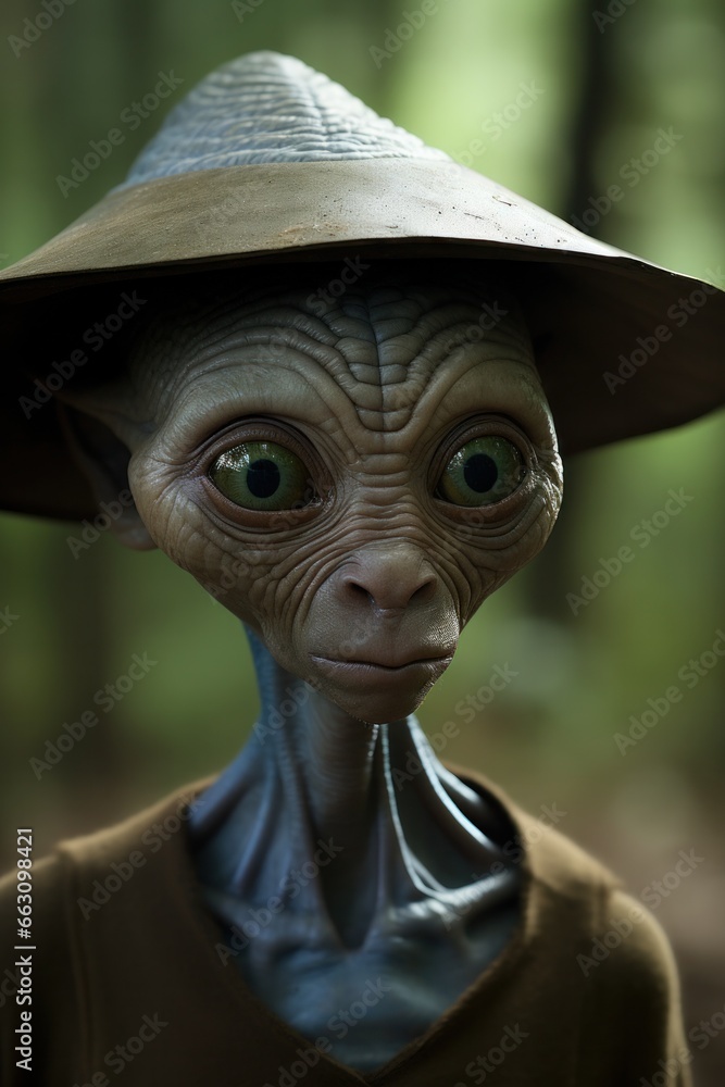 A wrinkled and wise alien donning a stylish hat gazes intently in a ...