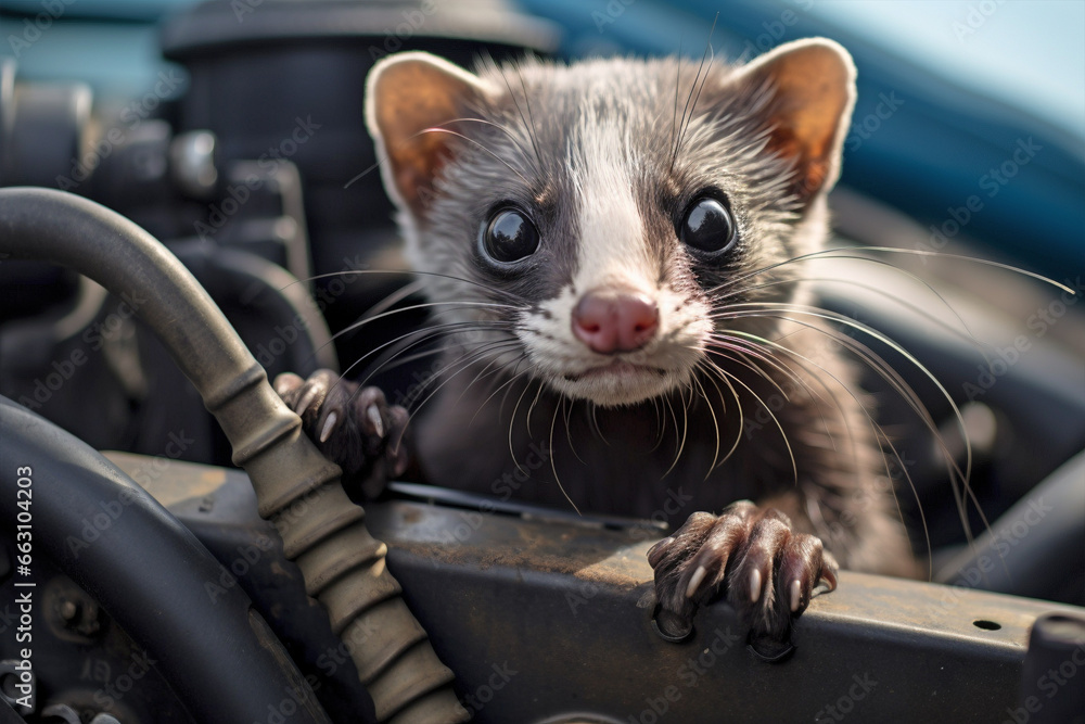 Wild ferret rodent inside car engine. Concpet for engine damage due to ...