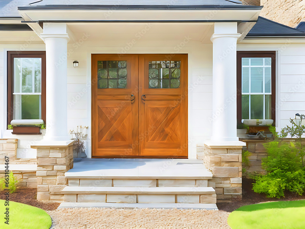 Main entrance door in house. Wooden front door with gabled porch and ...