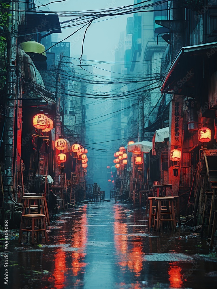 Tokyo cyberpunk landscape at nigh. Dystopian cityscape, devastated by ...