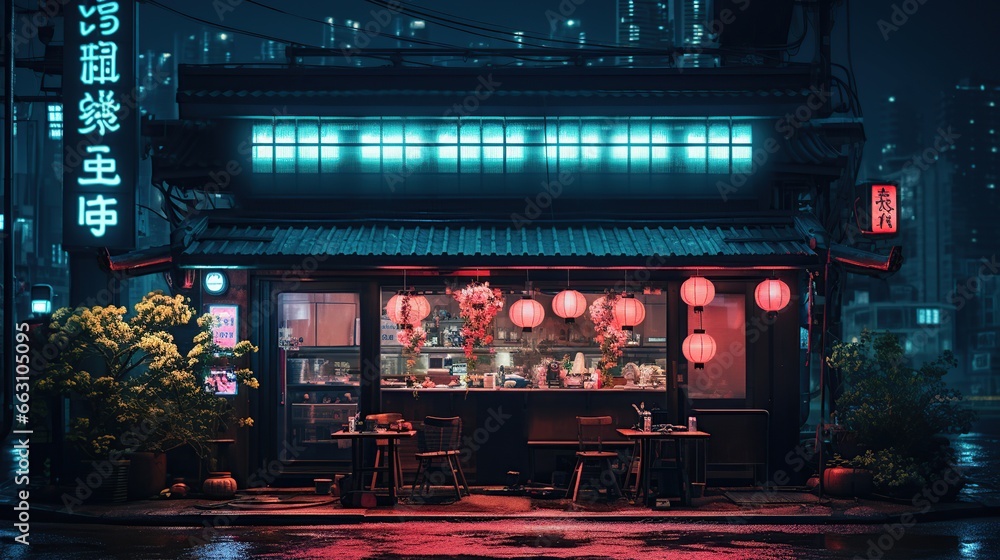 Tokyo cyberpunk landscape at nigh. Dystopian cityscape, devastated by ...
