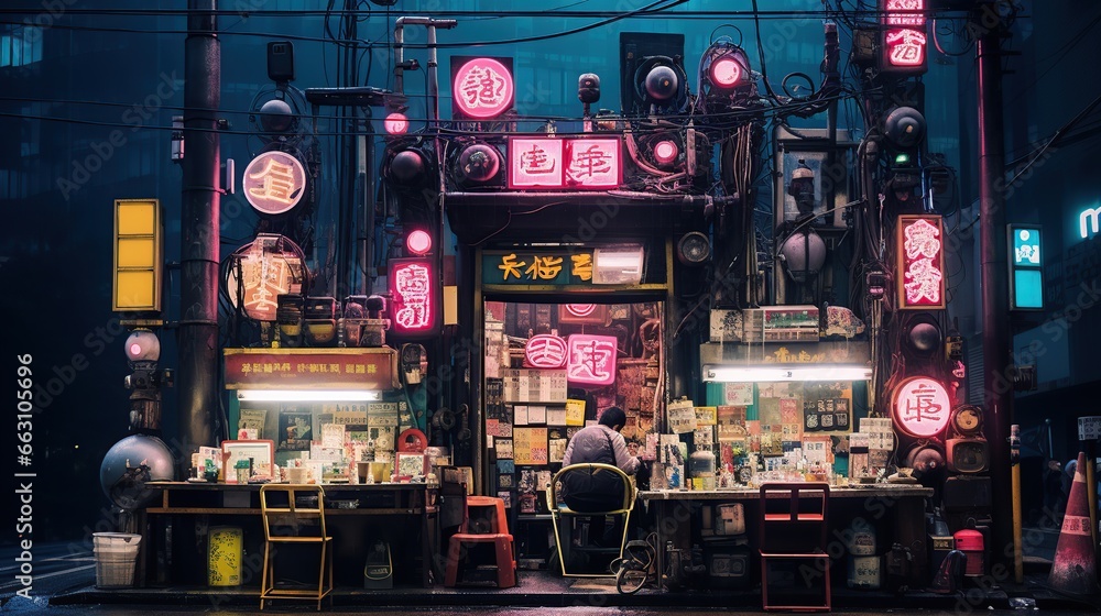Tokyo cyberpunk landscape at nigh. Dystopian cityscape, devastated by ...