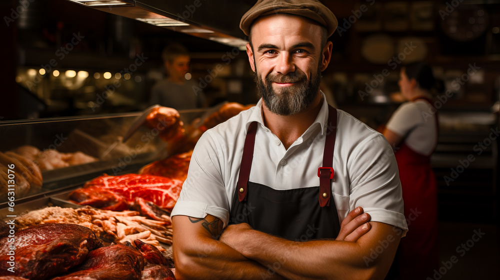 Young, friendly butcher with a smile on his face, standing at the meat ...