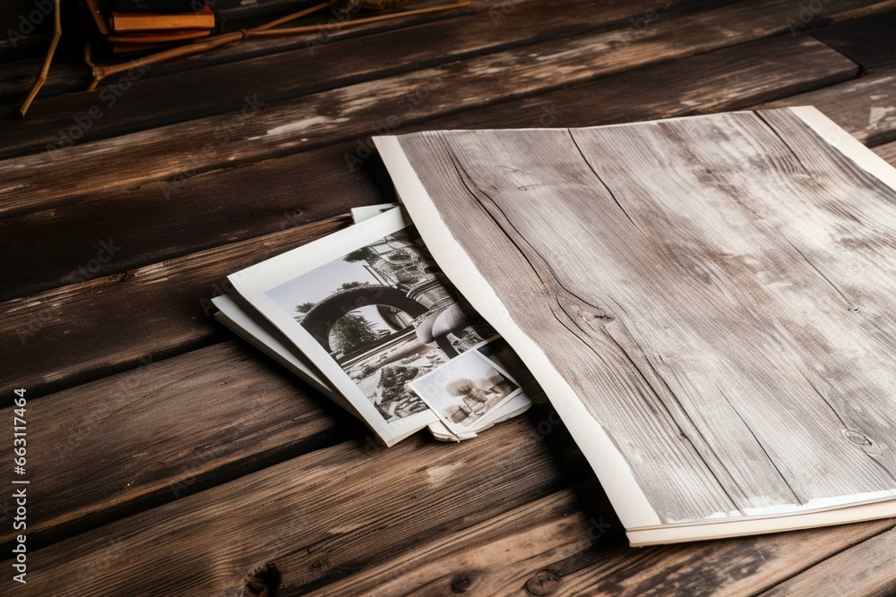 Blank white page on open magazine cover with vintage wooden substrate ...