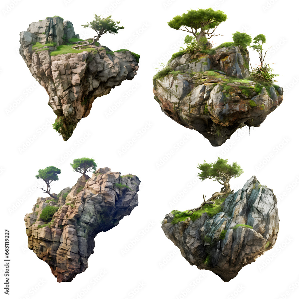 floating island rock formation set isolated on transparent background ...