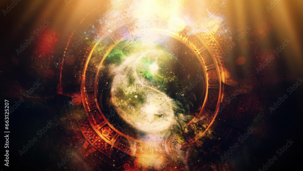 Yin Yang Symbol in maya calendar. Cosmic space background. Stock ...