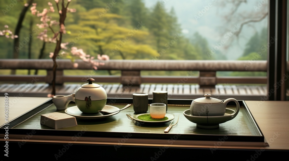 A tranquil Japanese teahouse setting, featuring a lacquered tray with ...