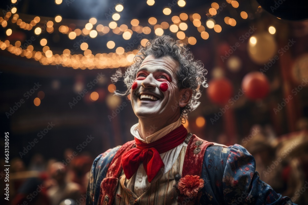 Portrait of a joyful clown with a beaming smile and a classic red nose ...