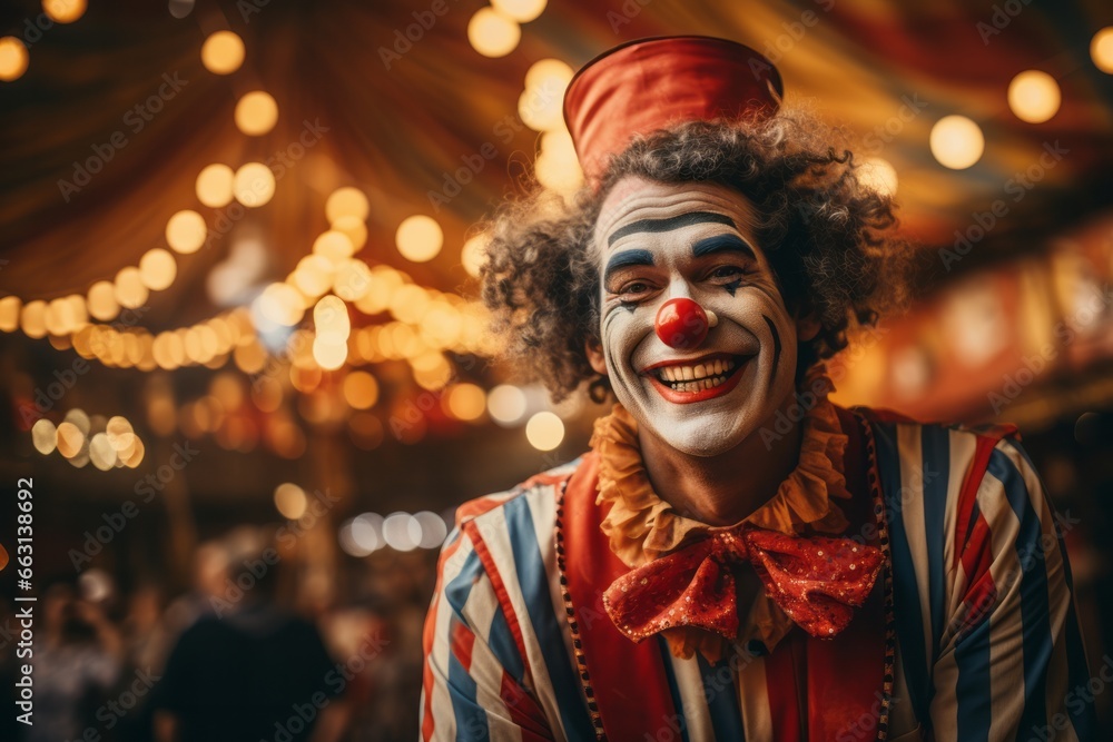 Portrait of a joyful clown with a beaming smile and a classic red nose ...