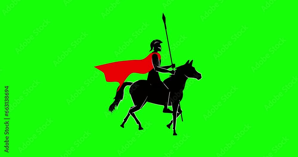 Ancient greek warrior on horse silhouette 2d animation on green screen ...