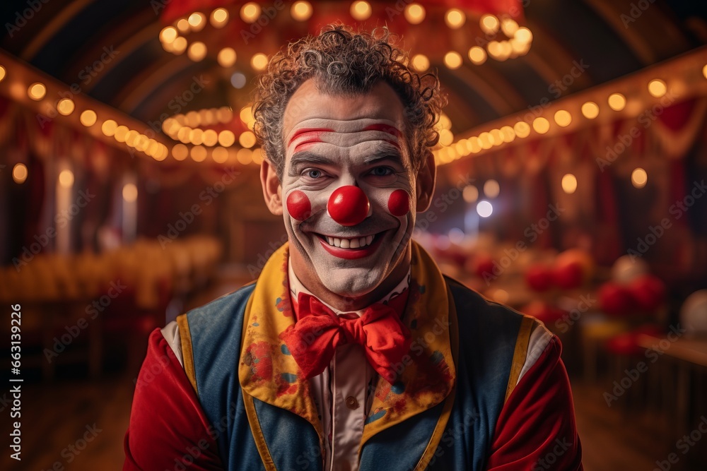 Portrait of a joyful clown with a beaming smile and a classic red nose ...