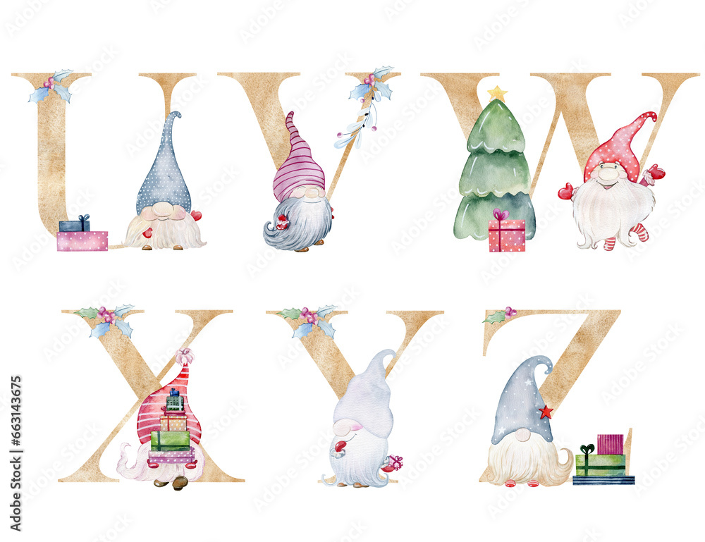 Watercolor christmas gnomes letters for invitation card, nursery poster ...