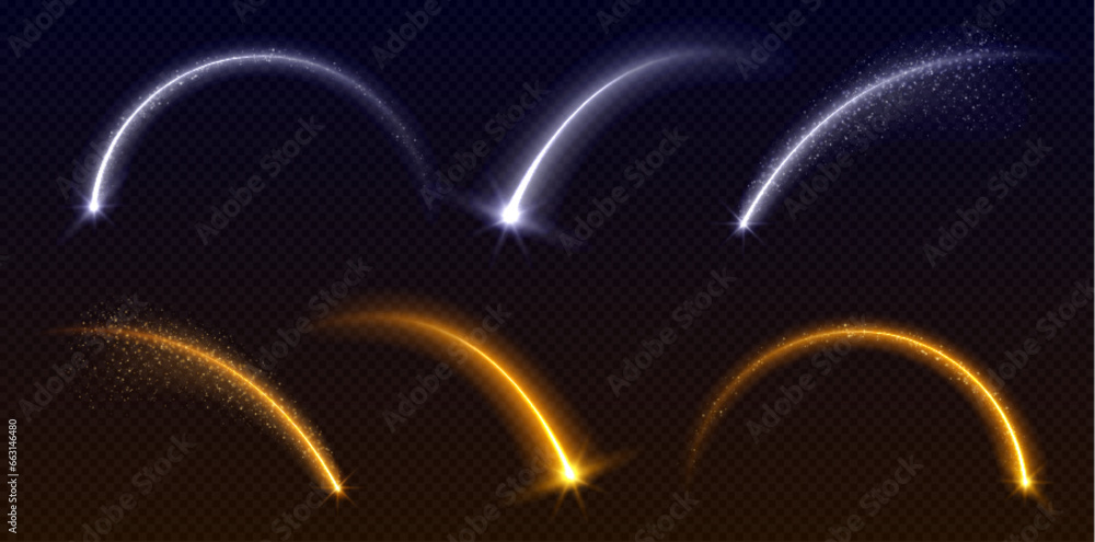 Star shooting arc light with magic beam sparkle. Neon curve arch line ...