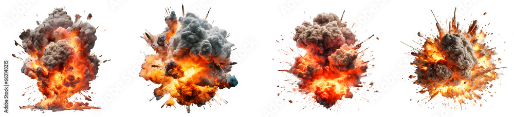 Set of Fiery bomb explosion with smoke, Elements for design isolated on ...