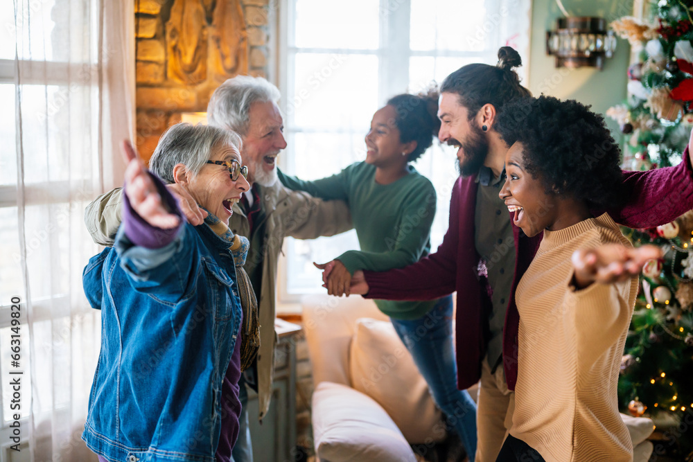 Excited multiethnic family greeting grandparents on Christmas Day ...