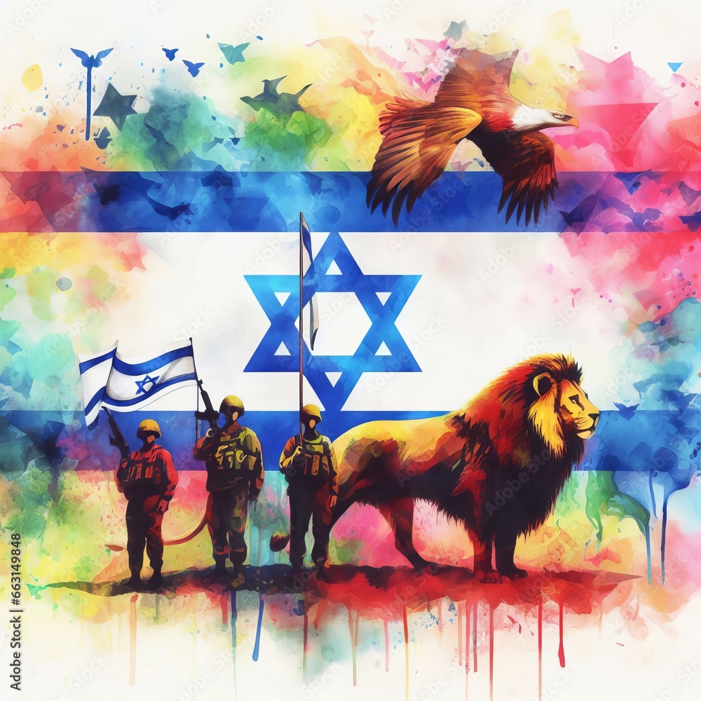 Generative AI image of a lion and Israeli soldiers over a flag of ...