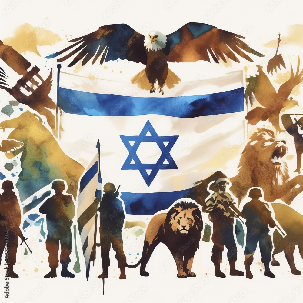 Generative AI image of a lion and Israeli soldiers over a flag of ...