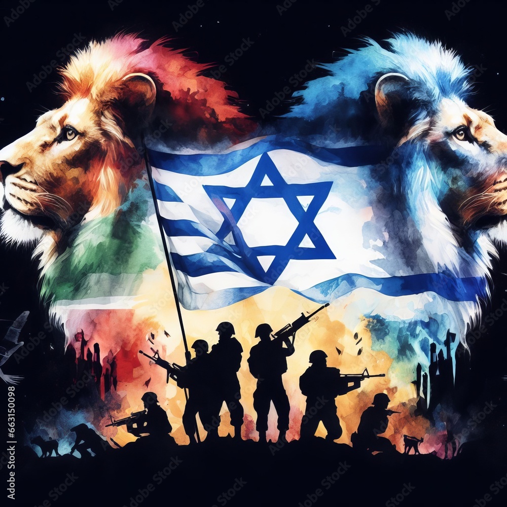 Generative AI image of a lion and Israeli soldiers over a flag of ...