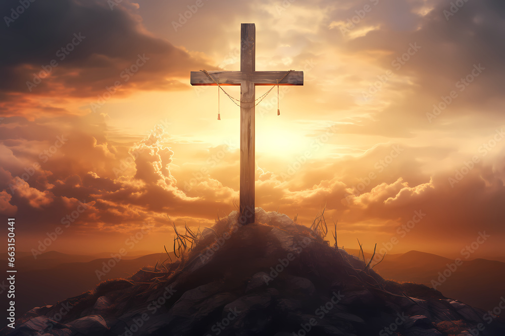 Cross on the top of the mountain with sunset background,christian cross ...
