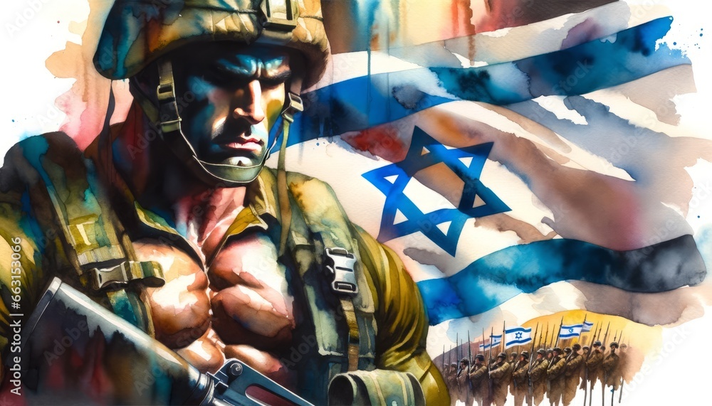 Generative AI image of an Israeli soldier and a lion over a flag of ...