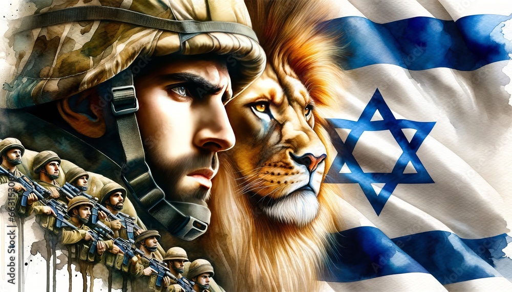 Generative AI image of an Israeli soldier and a lion over a flag of ...