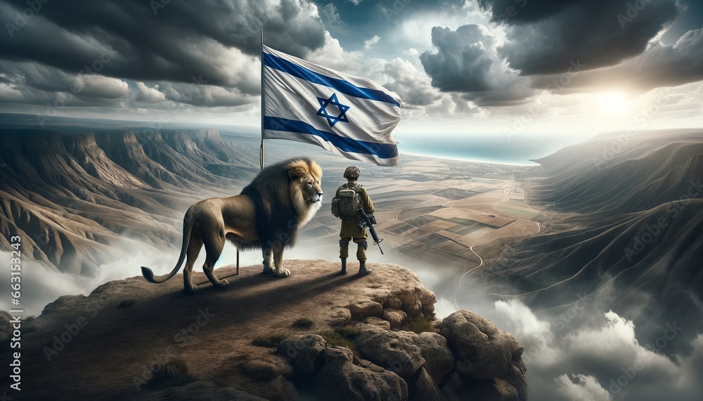 Generative AI image of an Israeli soldier and a lion over a flag of ...