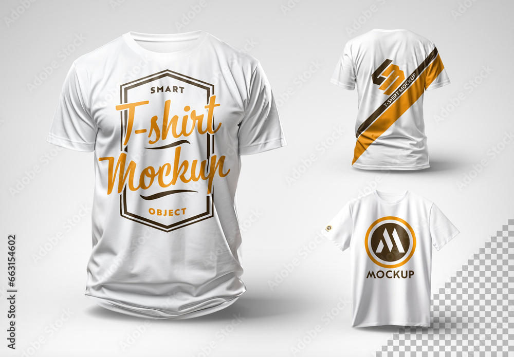 Front, Back and Flat View of Three T-shirts Mockup Stock Template ...