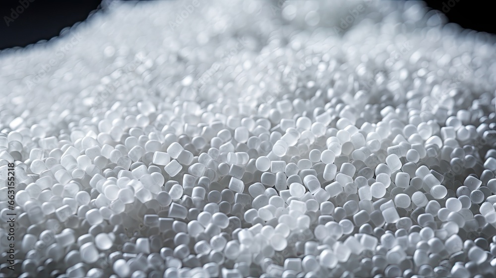 Many white and gray granules of polypropylene, polyamide. Background ...