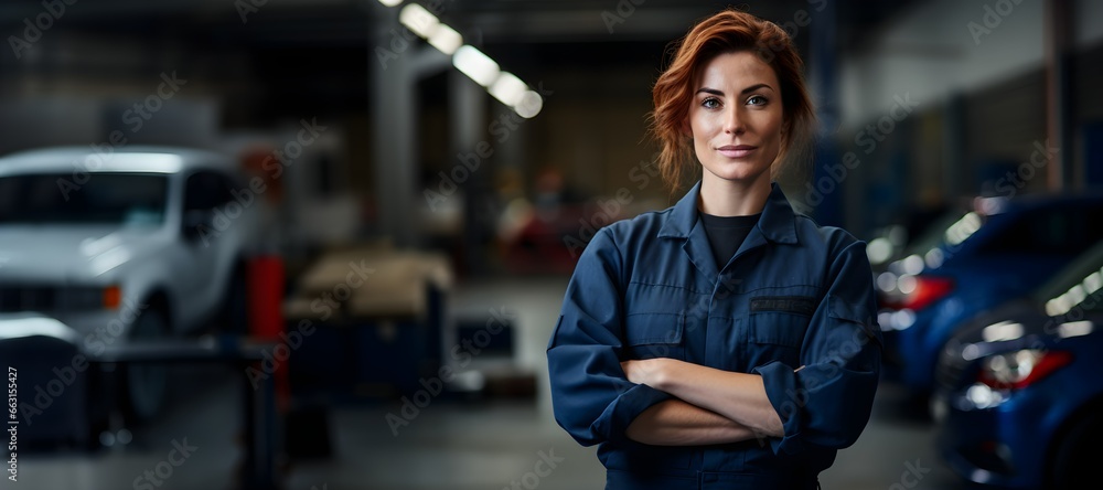 Serious confident caucasian redhead female car mechanic wearing a ...
