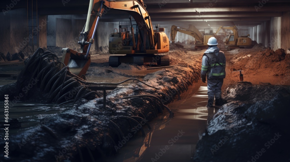 Worker Working With Tractor Lift To Install Sewage Pipes In Ground Is