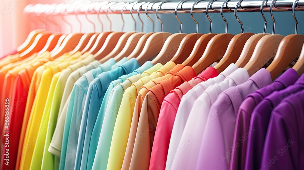 Fashion clothes on clothing rack - bright colorful closet. Closeup of ...
