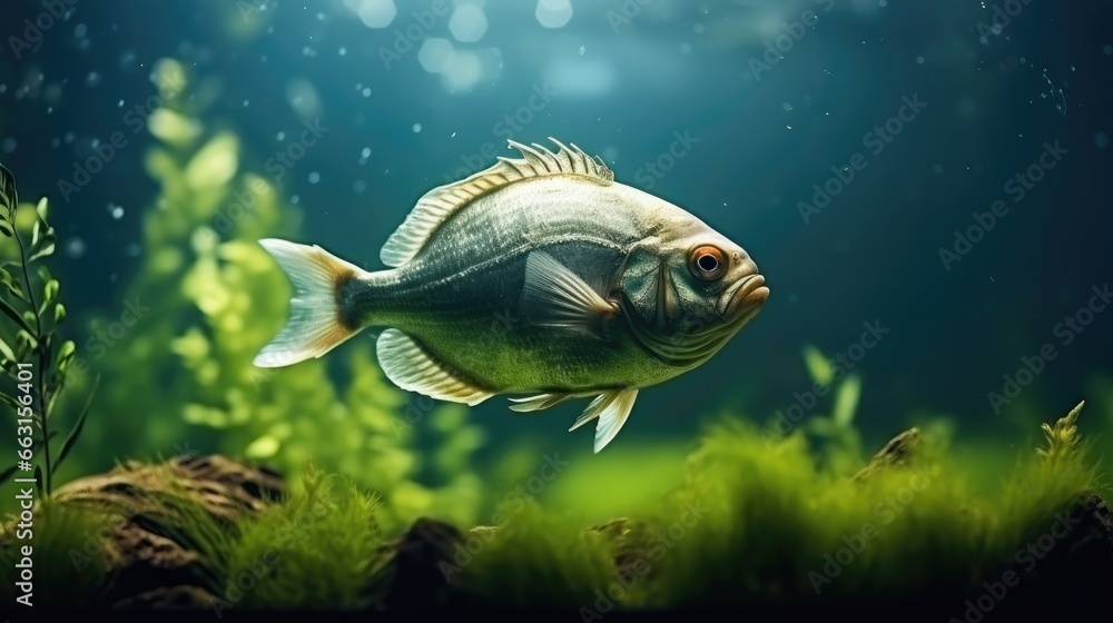 Piranha, Pygocentrus nattereri swimming in aquarium pool with green ...
