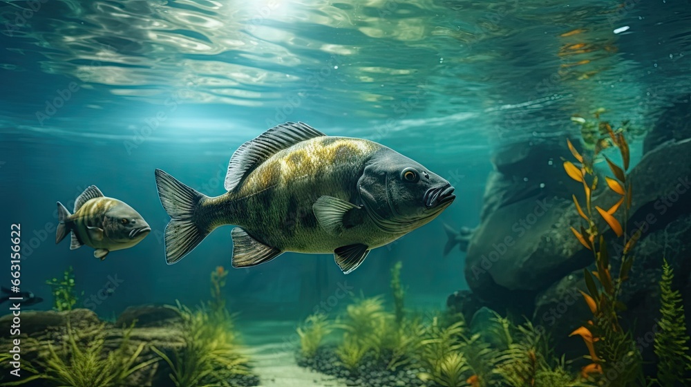 Piranha, Pygocentrus nattereri swimming in aquarium pool with green ...