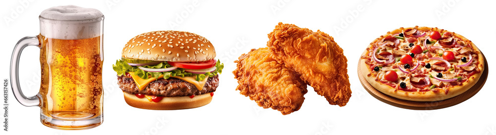 Set of fast food Cheeseburger ,Fried Chicken ,Pizza and Beer ...