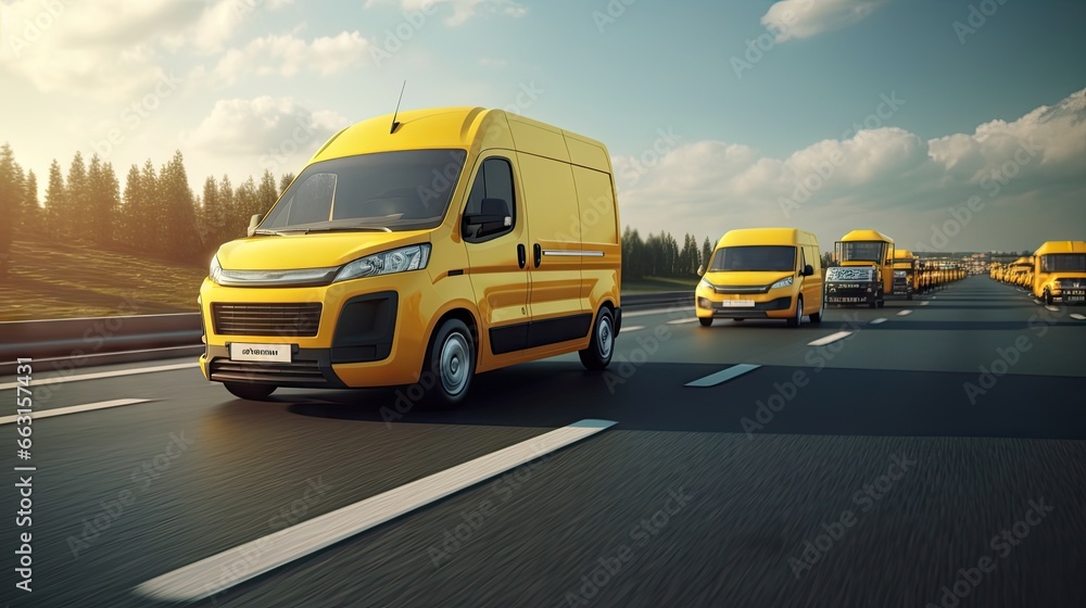Four Yellow modern delivery small shipment cargo courier van moving ...