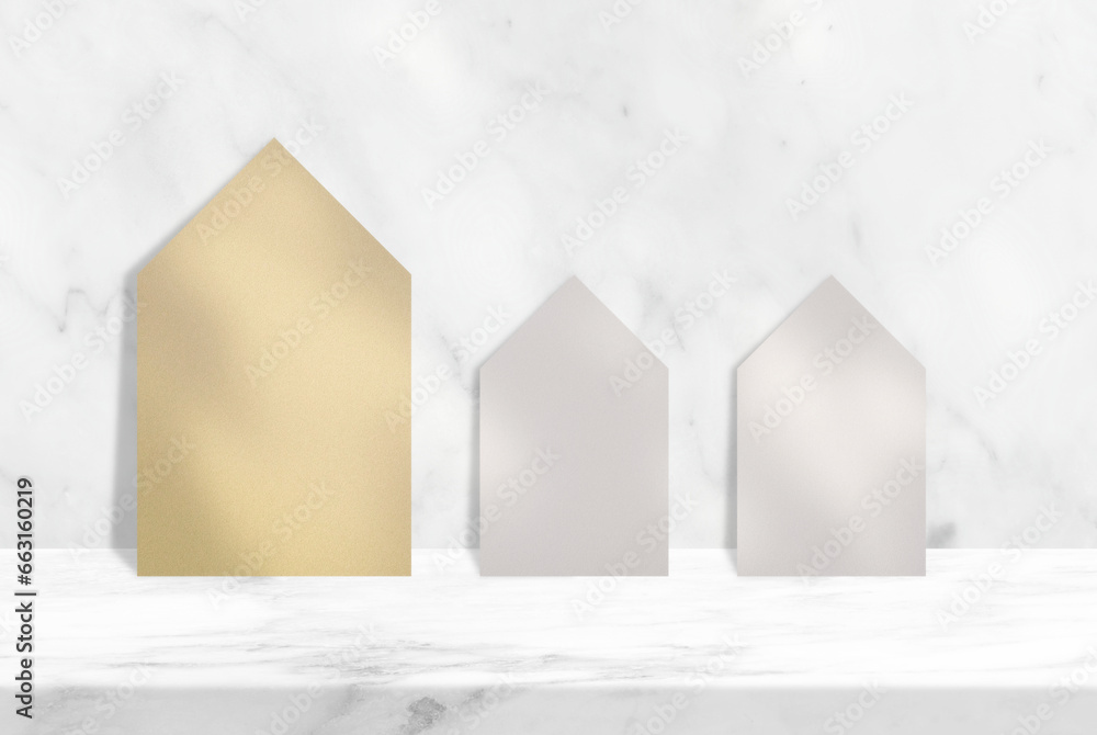 Old Paper Houses on Marble Table with White Wall Background with Tree ...