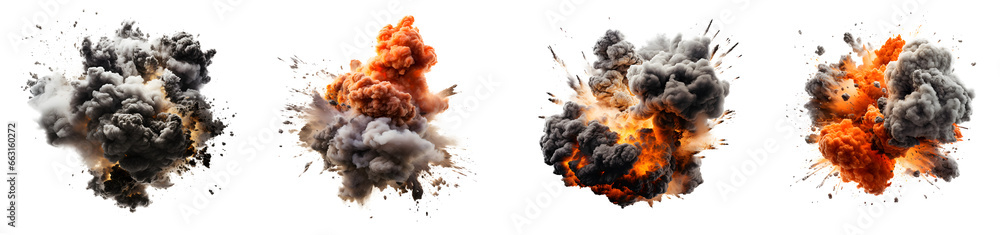 Set of fire flames with smoke bomb explosion, Elements for design isolated on white and ...