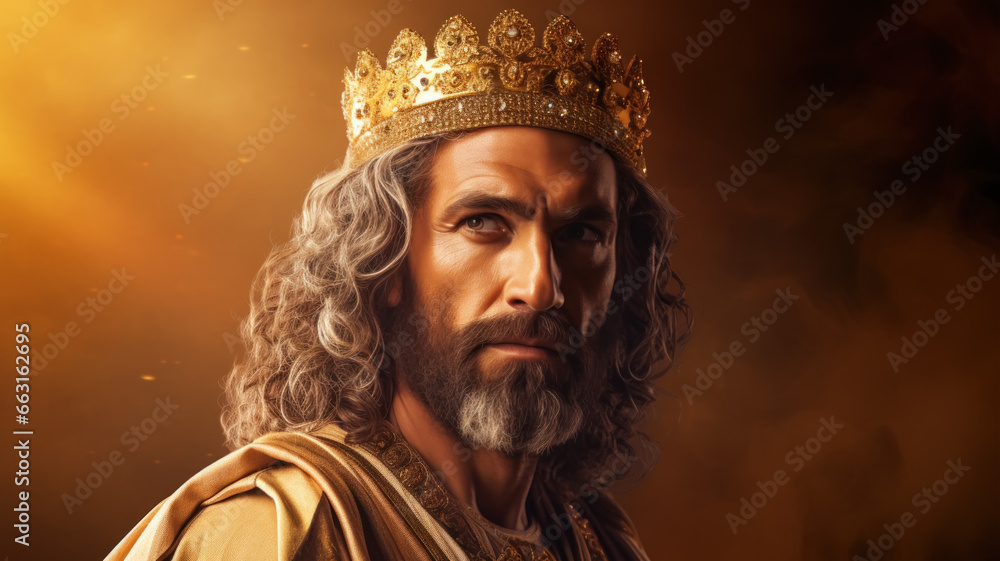 Portrait of the biblical King David with golden crown. Christian ...