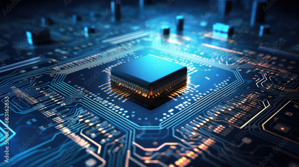 Glowing modern processor. Big illuminated graphic processor surrounding ...