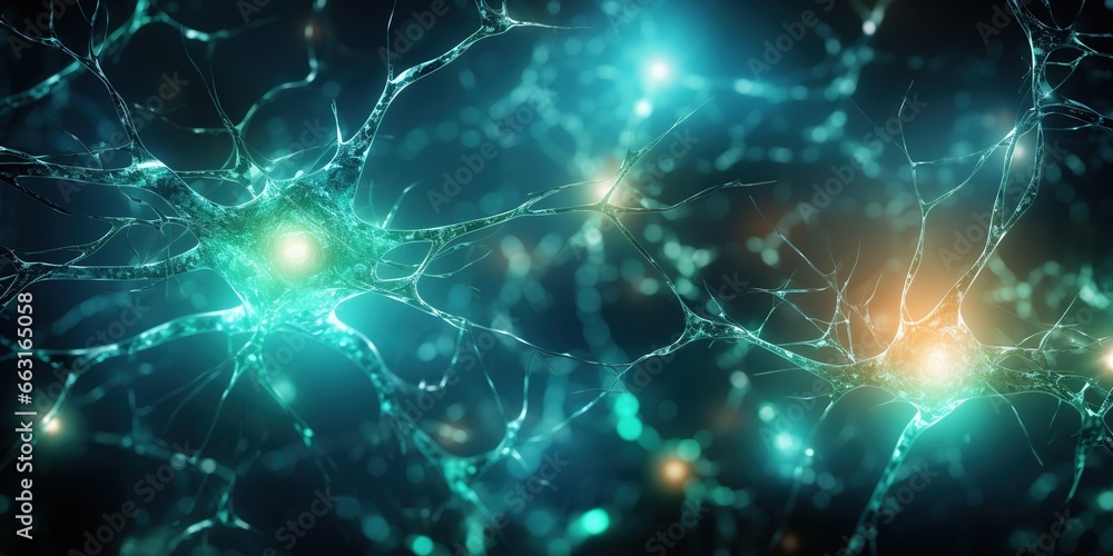 Neuron cells with glowing link knots. Blue green Neurons in brain. Stock Photo | Adobe Stock