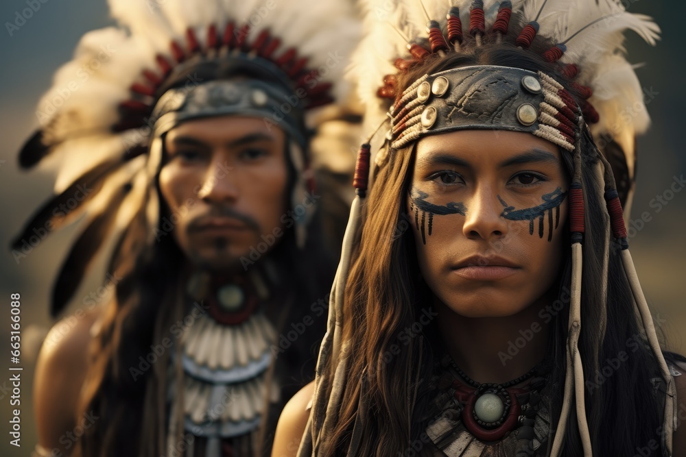 Native Americans wearing feather decorations on their heads. Stock ...