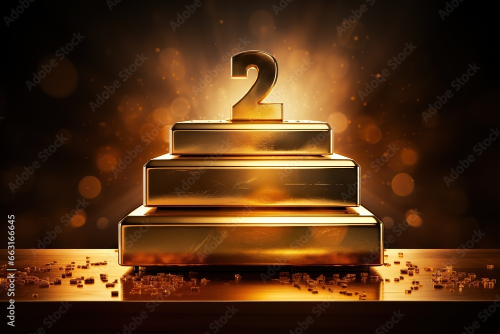Gold trophy for second place. The number two is on a golden pedestal ...