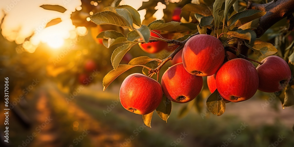 Fruit farm with apple trees. Branch with natural apples on blurred ...
