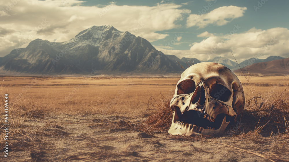 Old broken and decomposed human skull embedded into the ground, lying ...