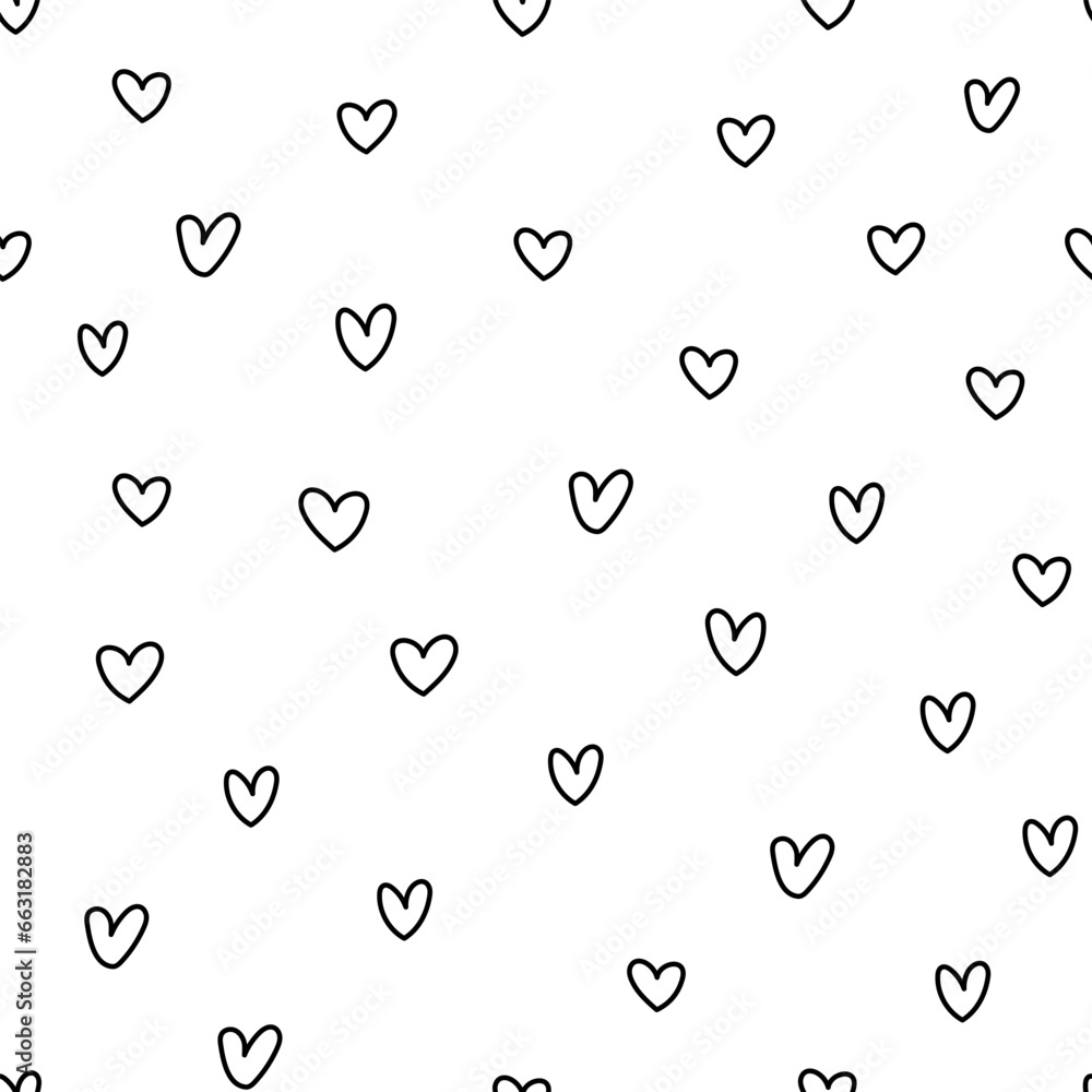 Black and white doodle hearts seamless pattern for kids. Hand drawn ...