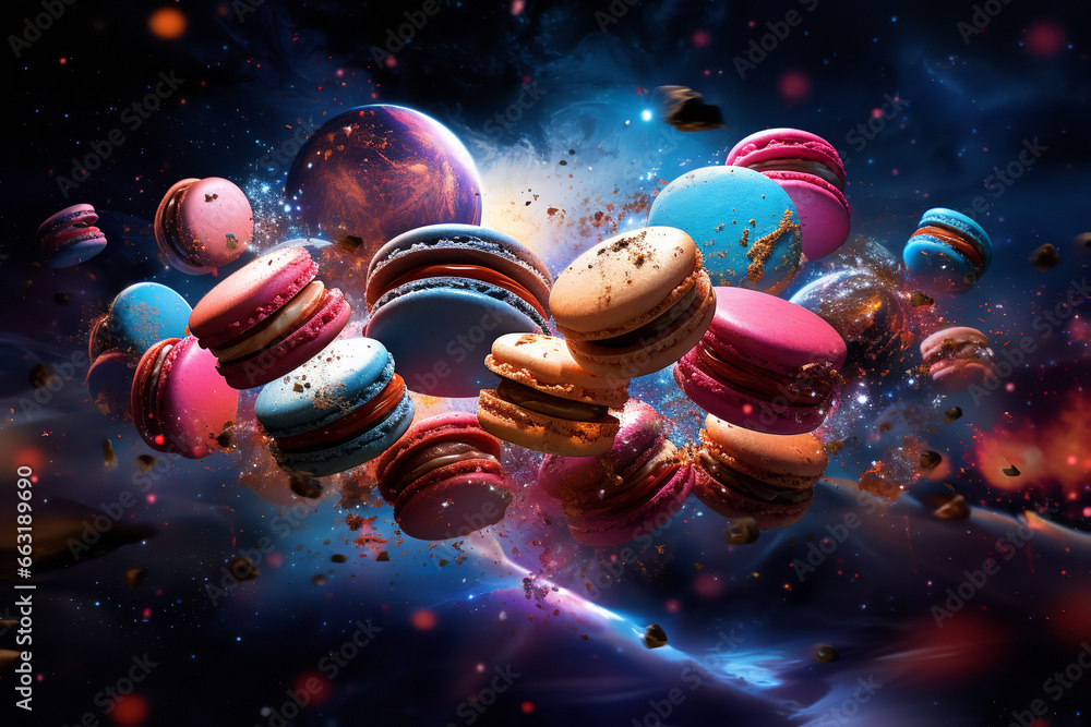 Venture into the vastness of space, where whimsically floating macarons ...