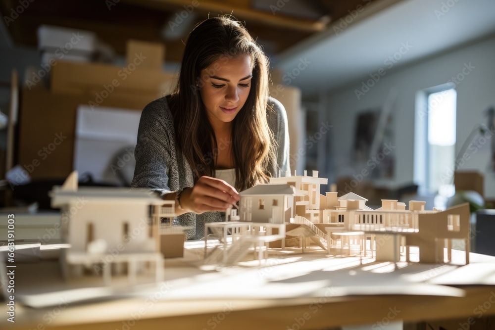 Architecture student woman work on models of the modern house. Building ...