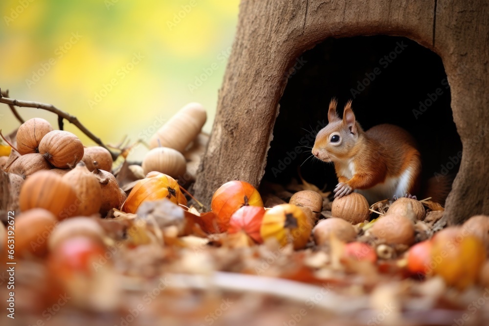 a squirrel hoarding acorns in a secretive spot Stock Photo | Adobe Stock